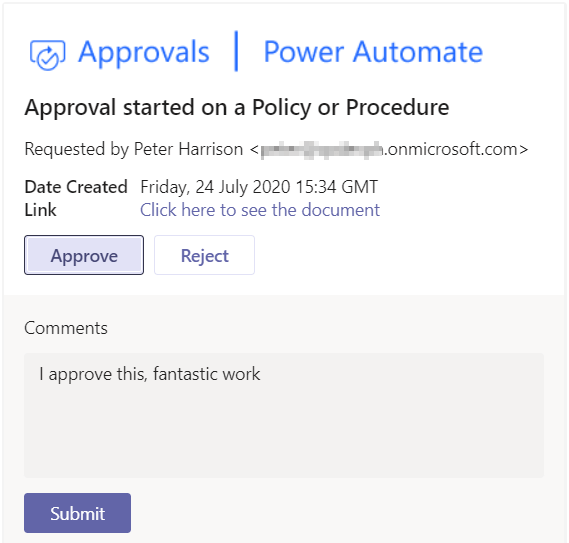Request approval in Microsoft Teams for a selected item in SharePoint